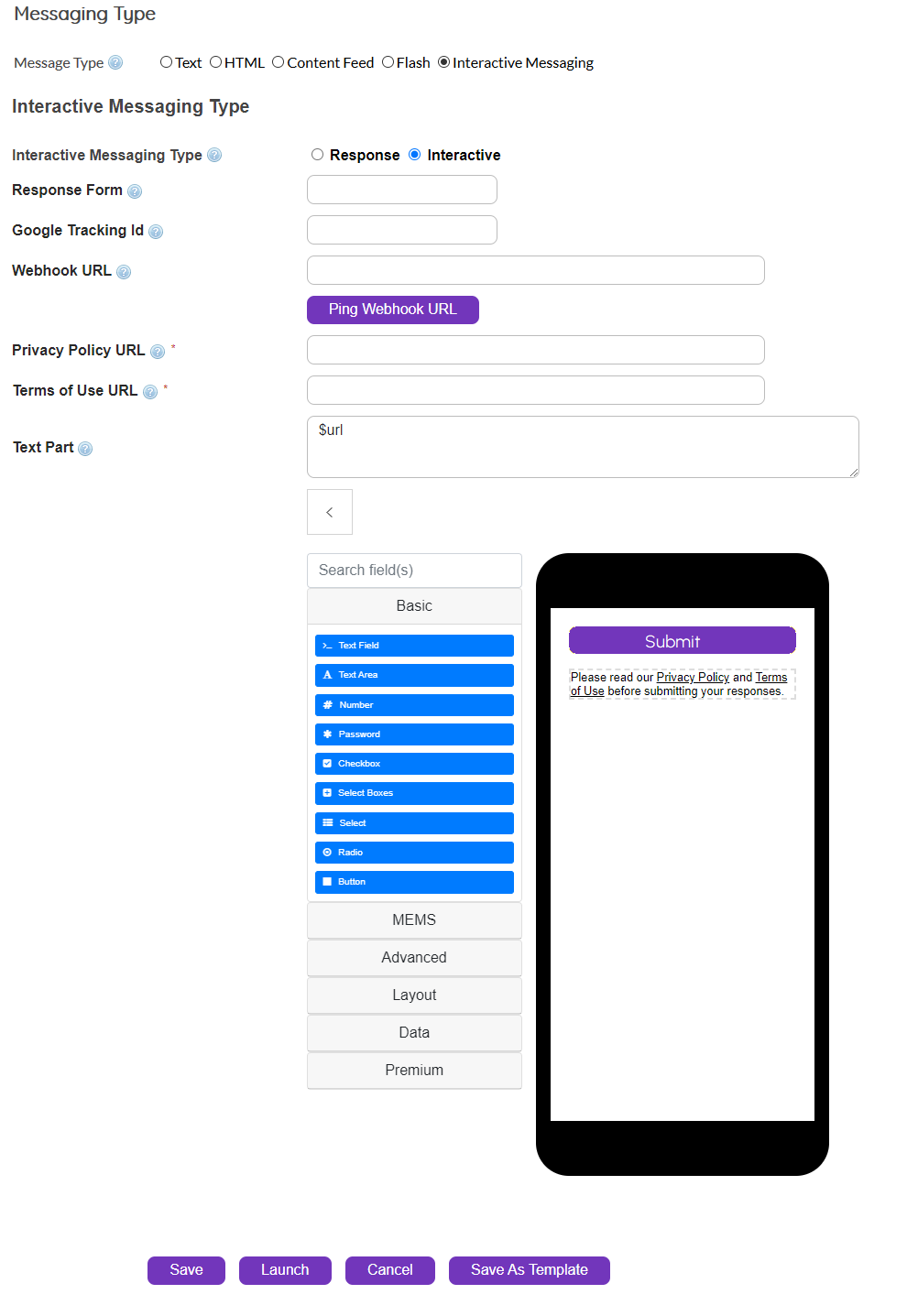Campaign Tools > WebSMS > WebSMS - New SMS (Broadcast) > Interactive Messaging